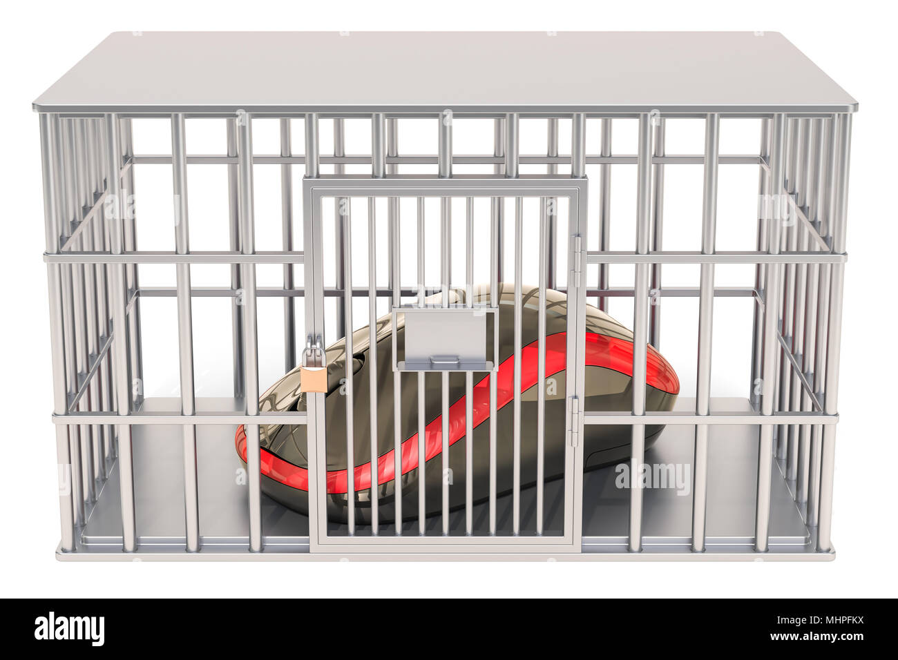 Computer mouse inside cage, prison cell. 3D rendering isolated on white ...