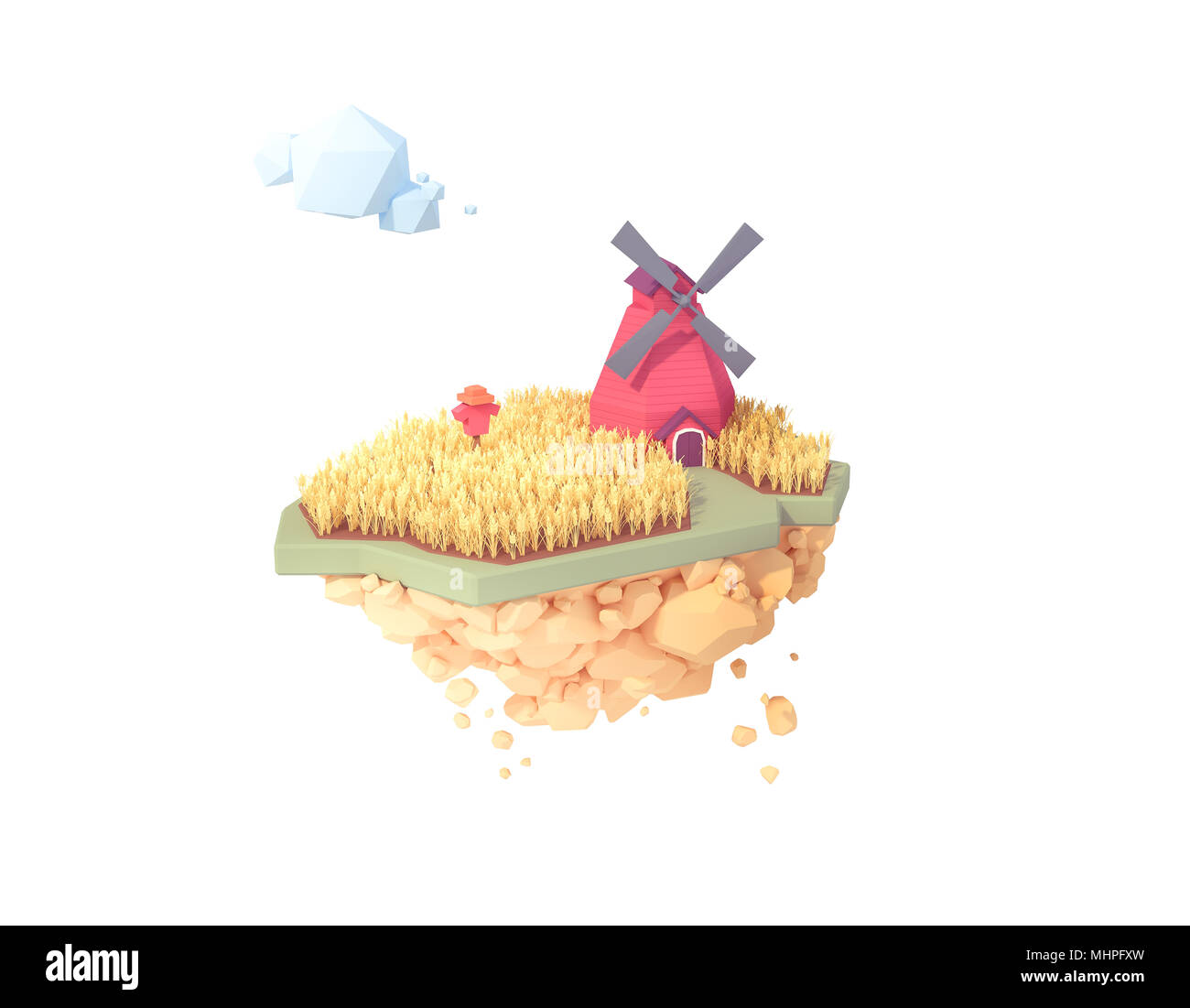 farmer wheat field with red windmill ready to harvest low poly style 3d ...