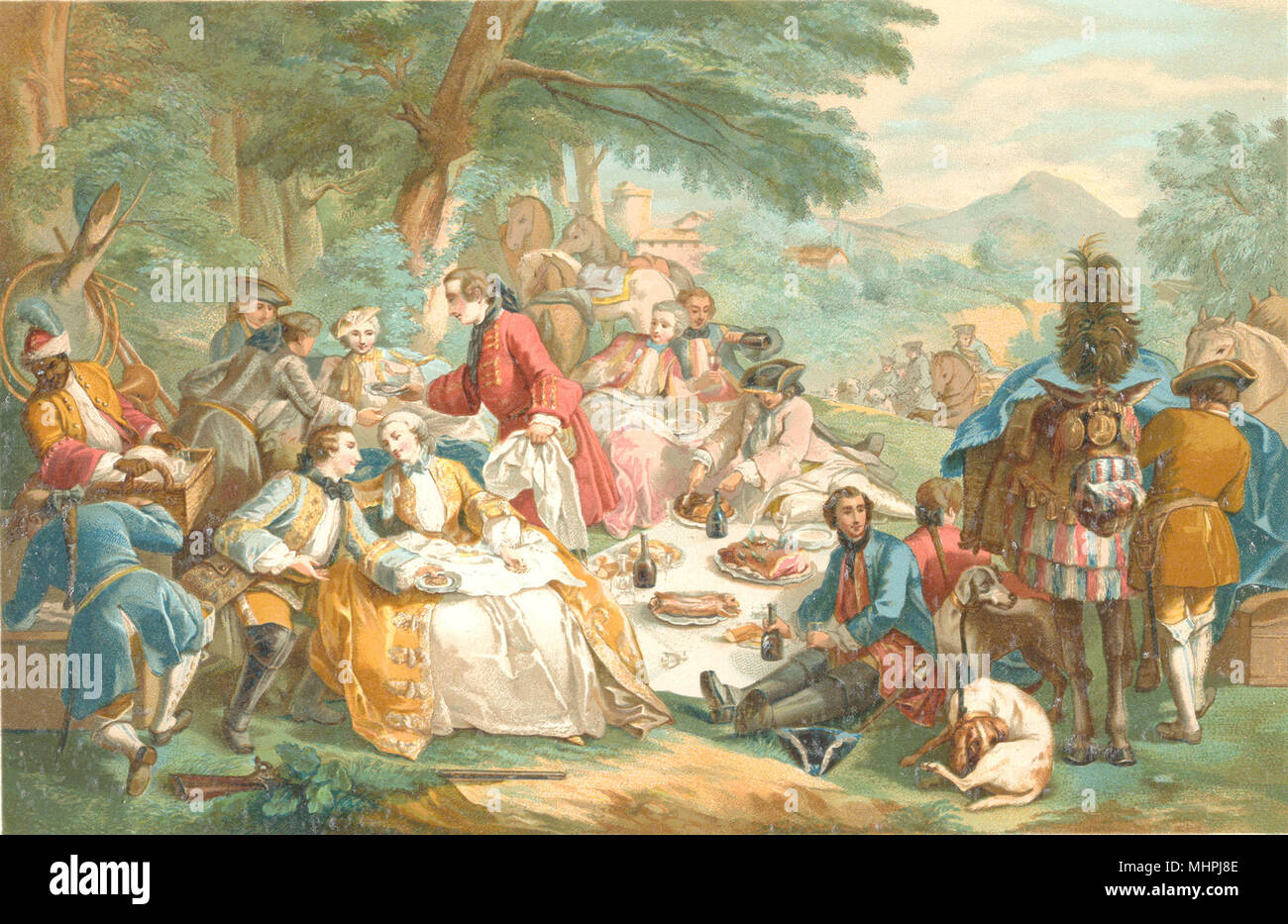 18TH CENTURY FRANCE. A Shooting Party at Lunch. Chromolithograph 1876 ...