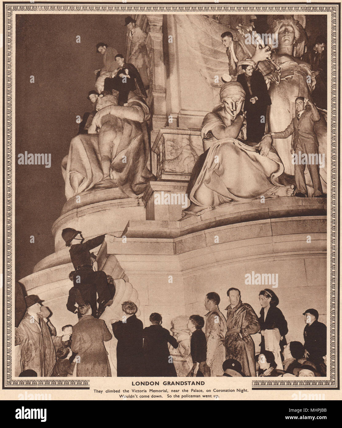 CORONATION 1937. People on Victoria memorial. Police getting them down ...