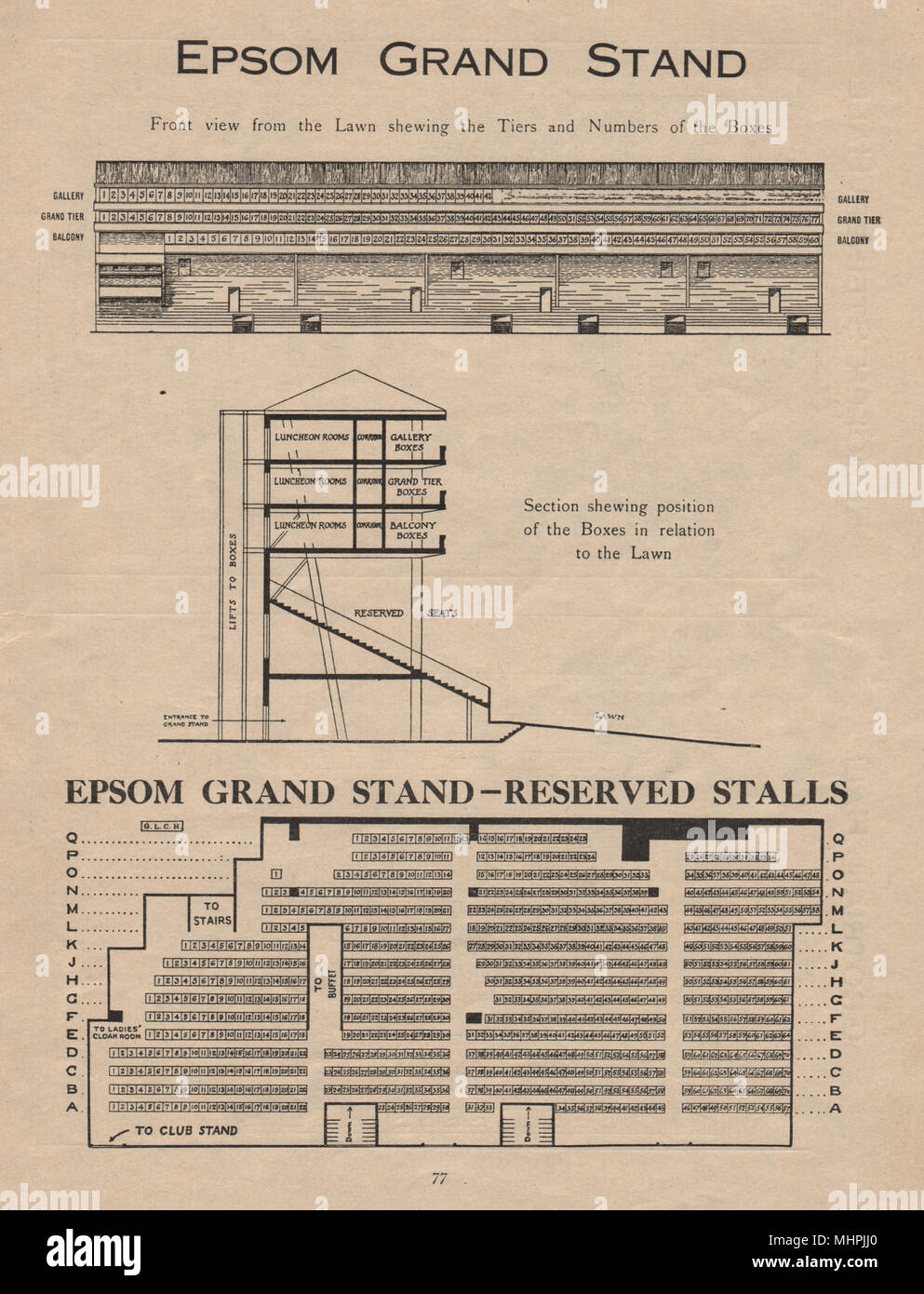 EPSOM GRAND STAND. Vintage seating plan. Race course. Surrey 1936 old ...