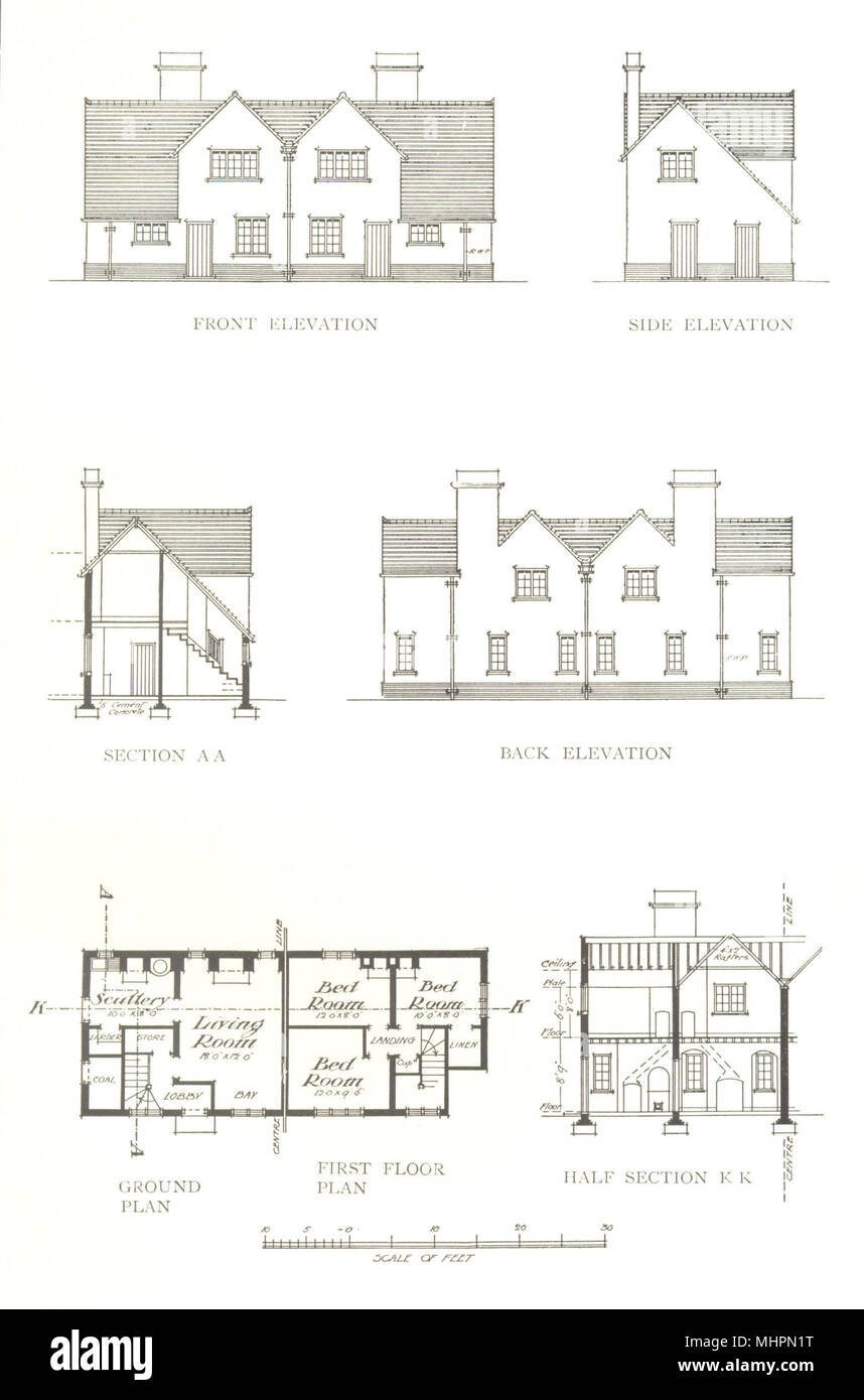 FARMING. Farm Cottages – II-plan & elevation 1912 old antique print ...