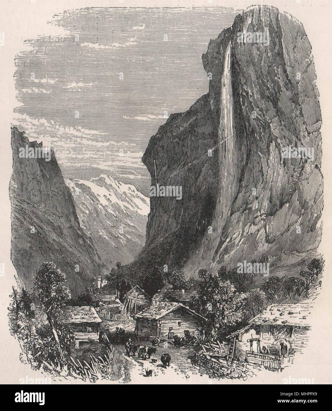 The Staubbachfall and valley of Lauterbrunnen, Switzerland 1891 old ...