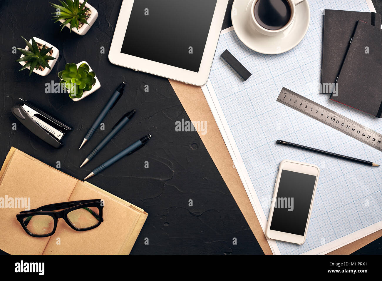 Architect's work tools on black background. Top view Stock Photo - Alamy