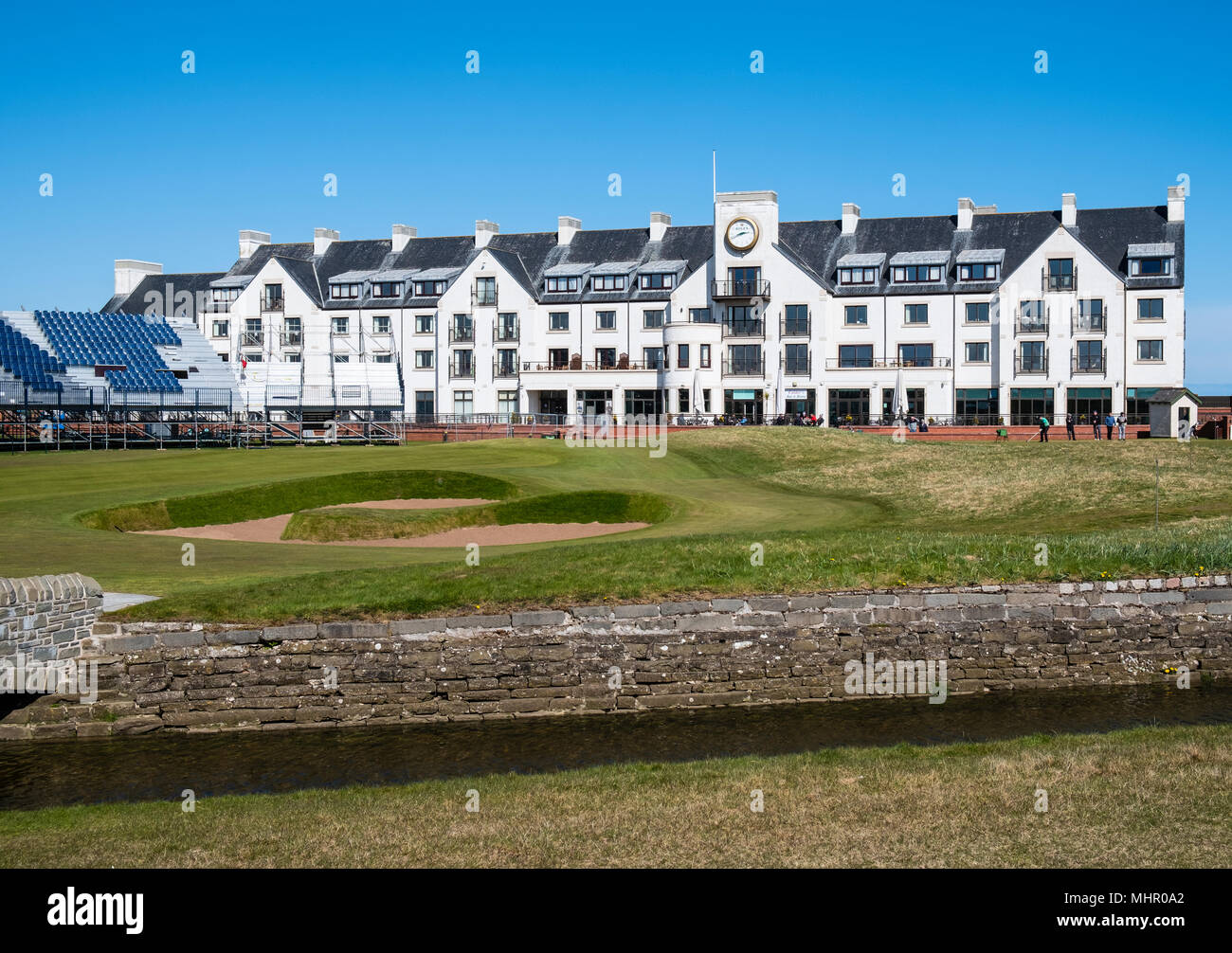 View of Carnoustie Golf Course Hotel behind 18th Green with Barry Burn ...