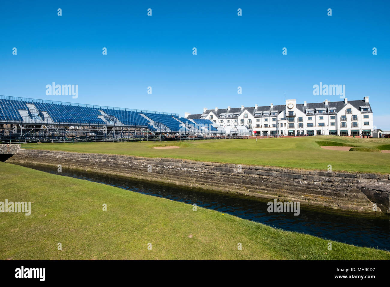 View of Carnoustie Golf Course Hotel behind 18th Green with Barry Burn ...