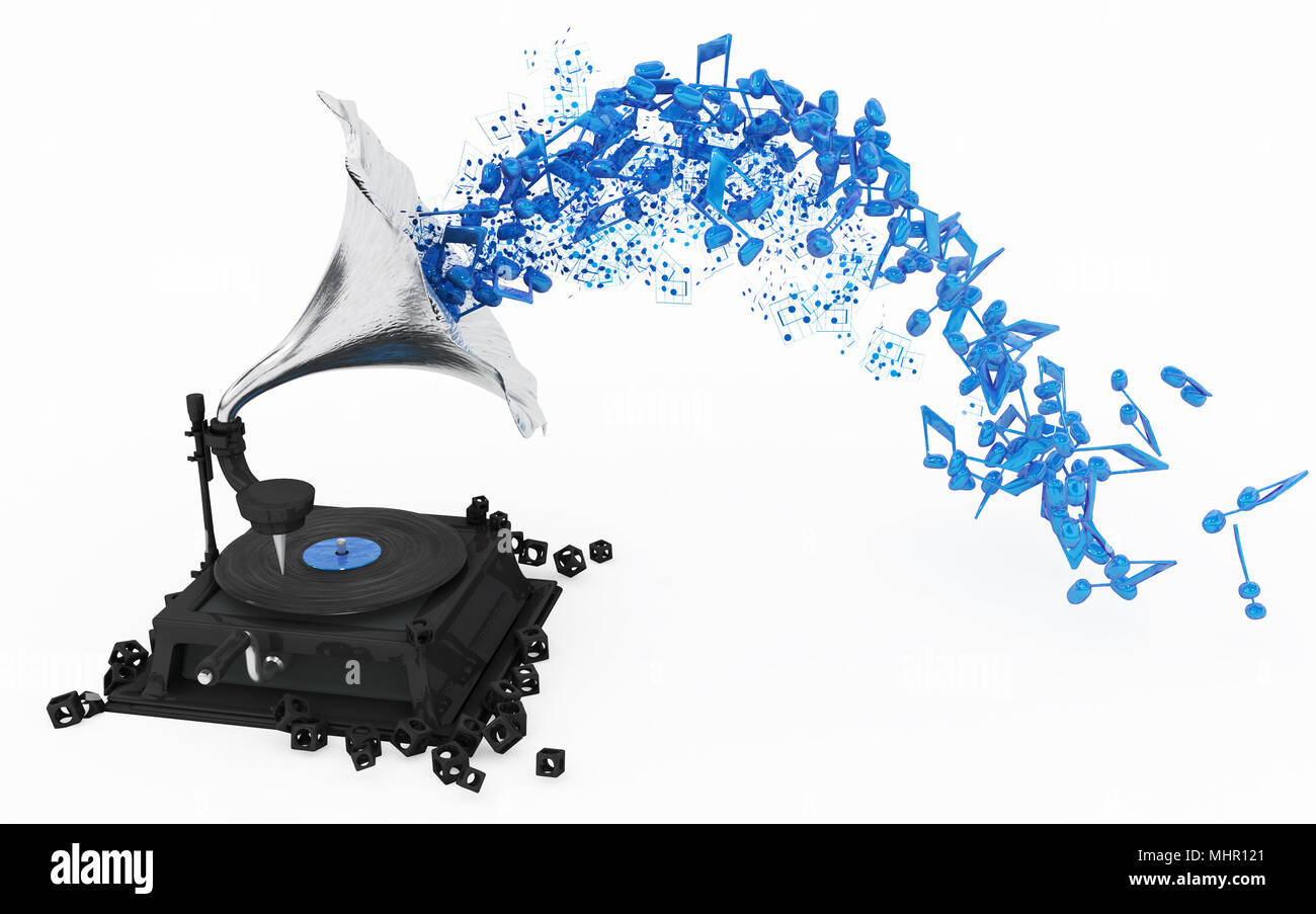 Music flowing from grammophone, symbolic 3d, horizontal, over white ...