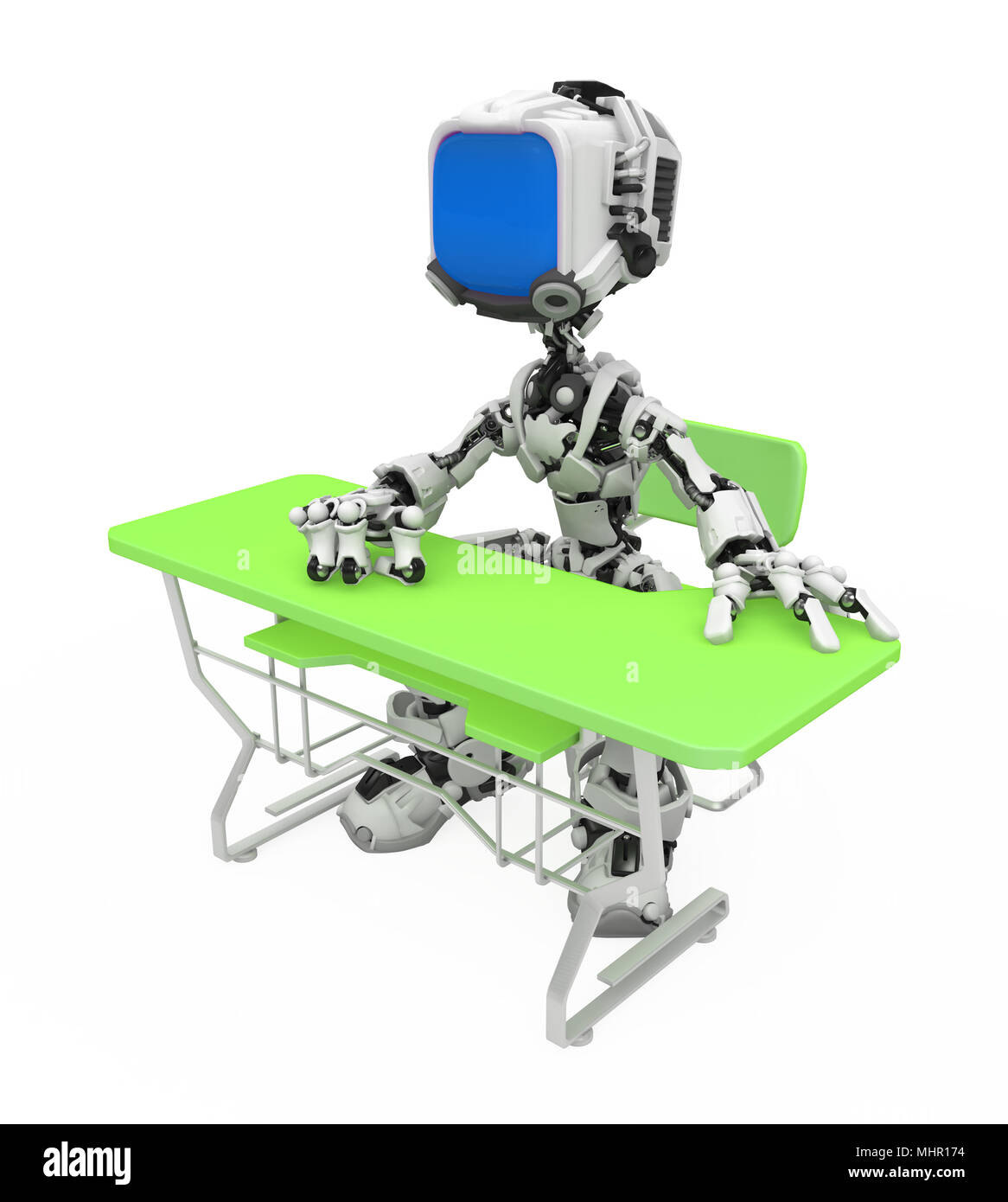 Small 3d robotic figure at a desk, over white, isolated Stock Photo - Alamy