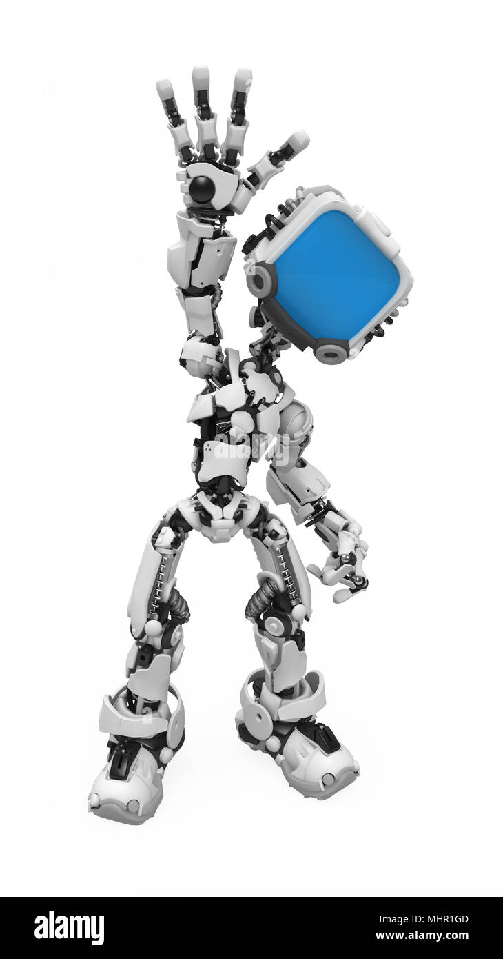 Small 3d robotic figure waving, over white, isolated Stock Photo - Alamy