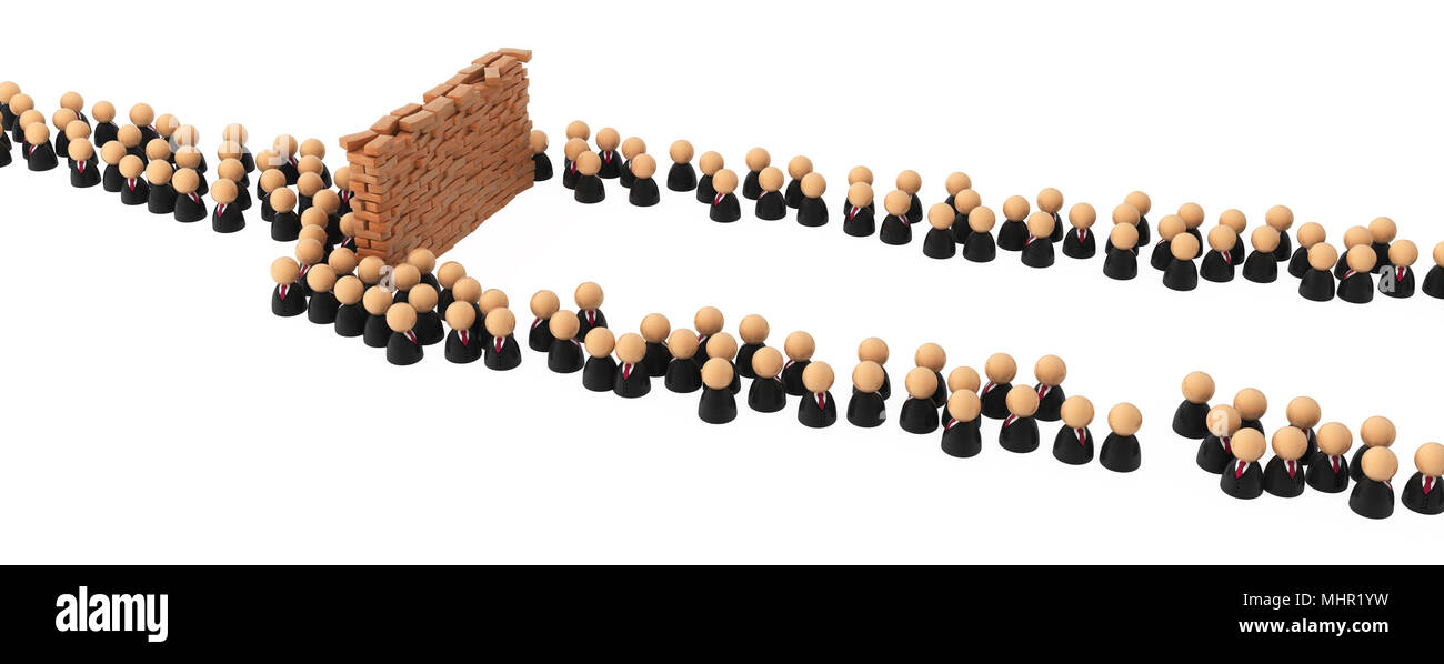 Crowd of small symbolic 3d figures flowing around an obstacle, isolated ...