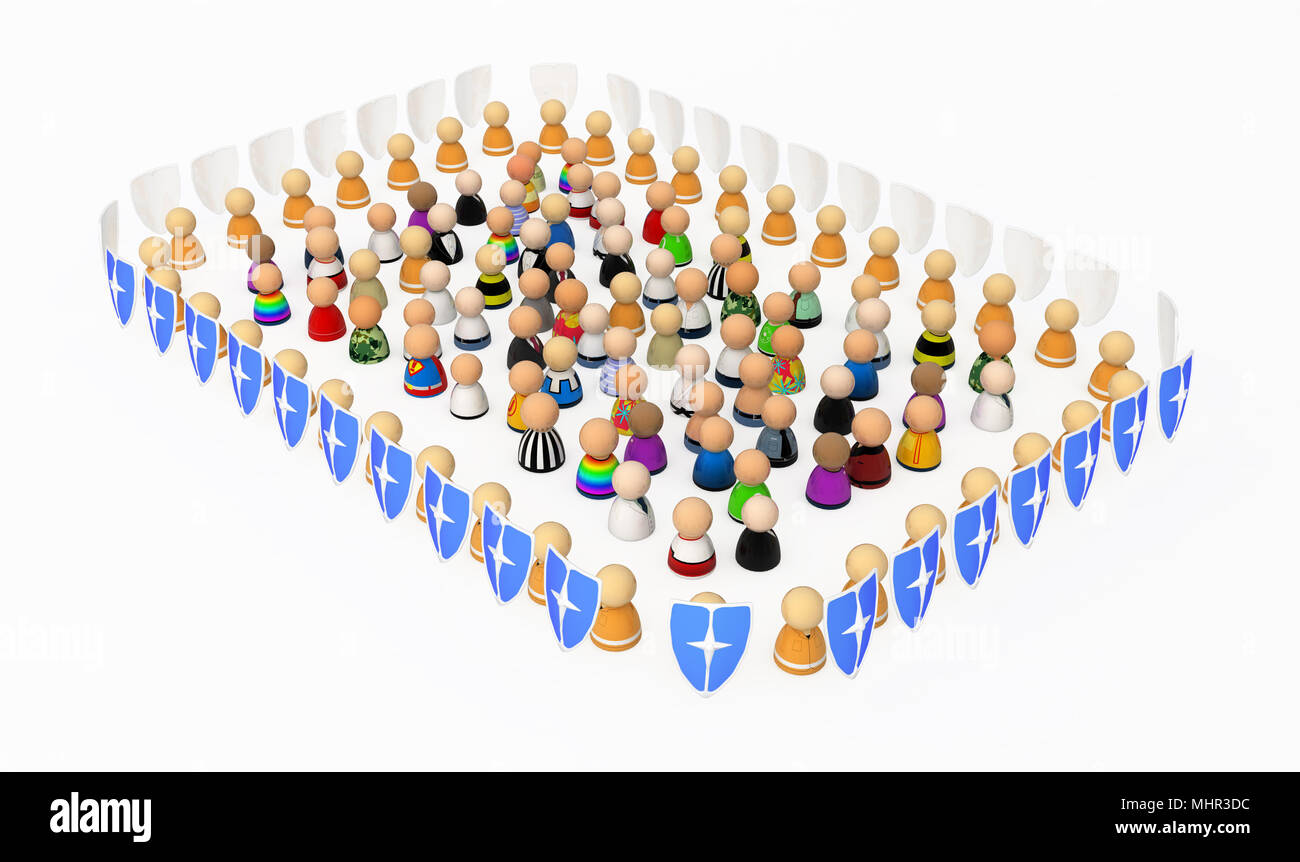 Crowd of small 3d figures symbolizing protection or security, isolated ...