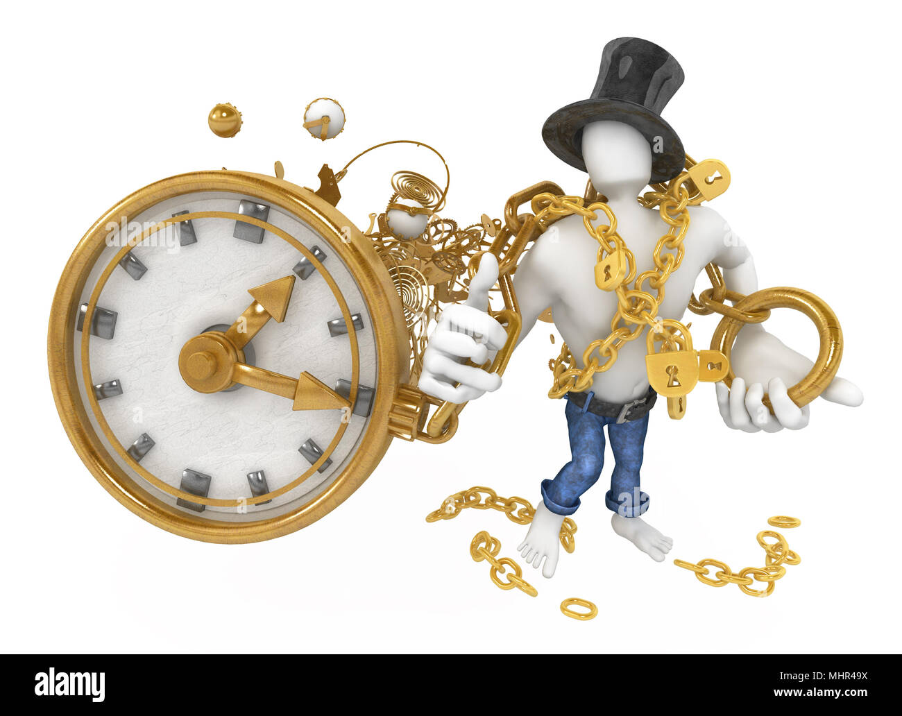 Strong 3d figure holding large watch chain, horizontal, over white ...
