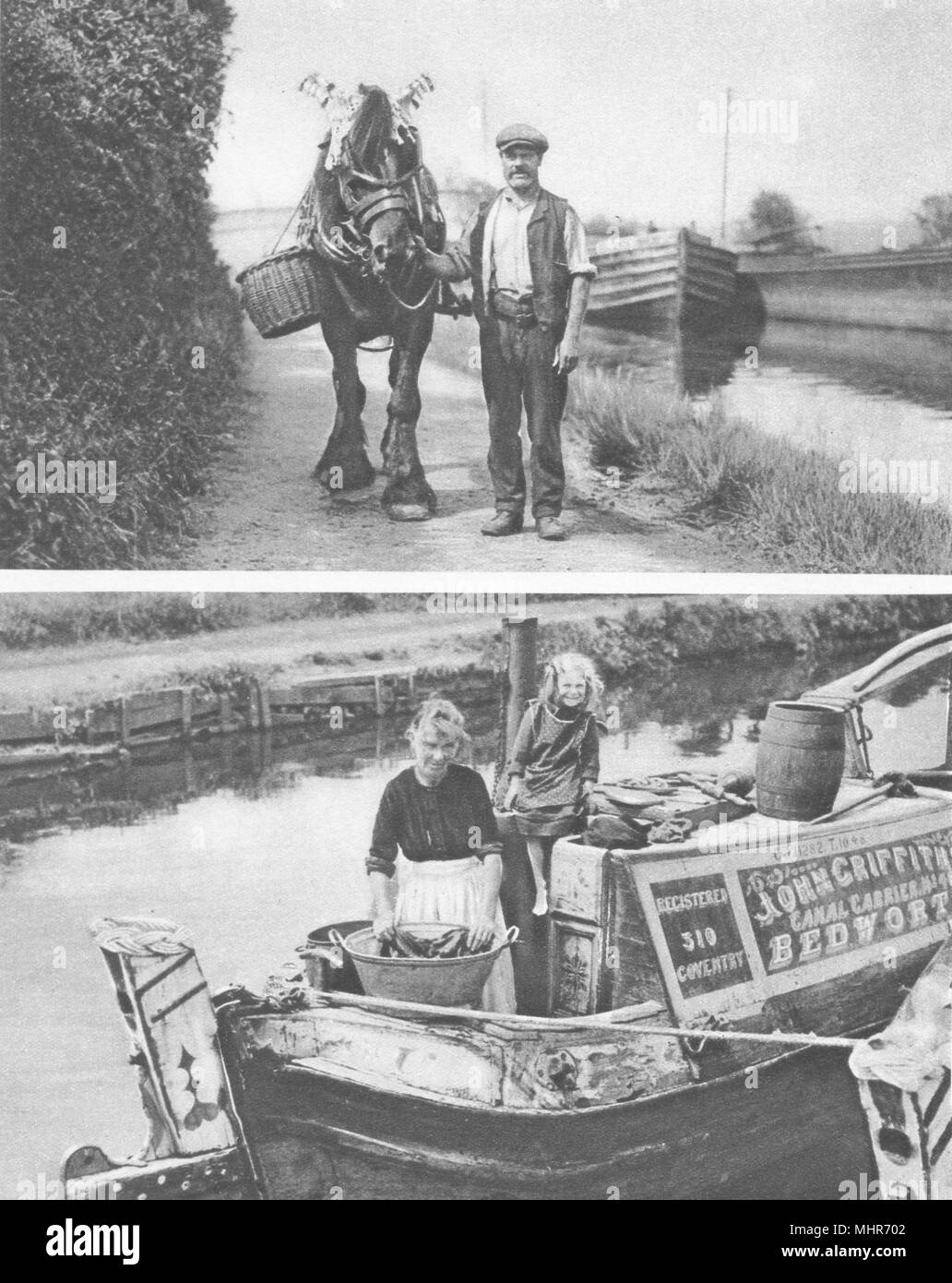 LONDON. Horse with the floating cart and a canal washing day. Barge ...