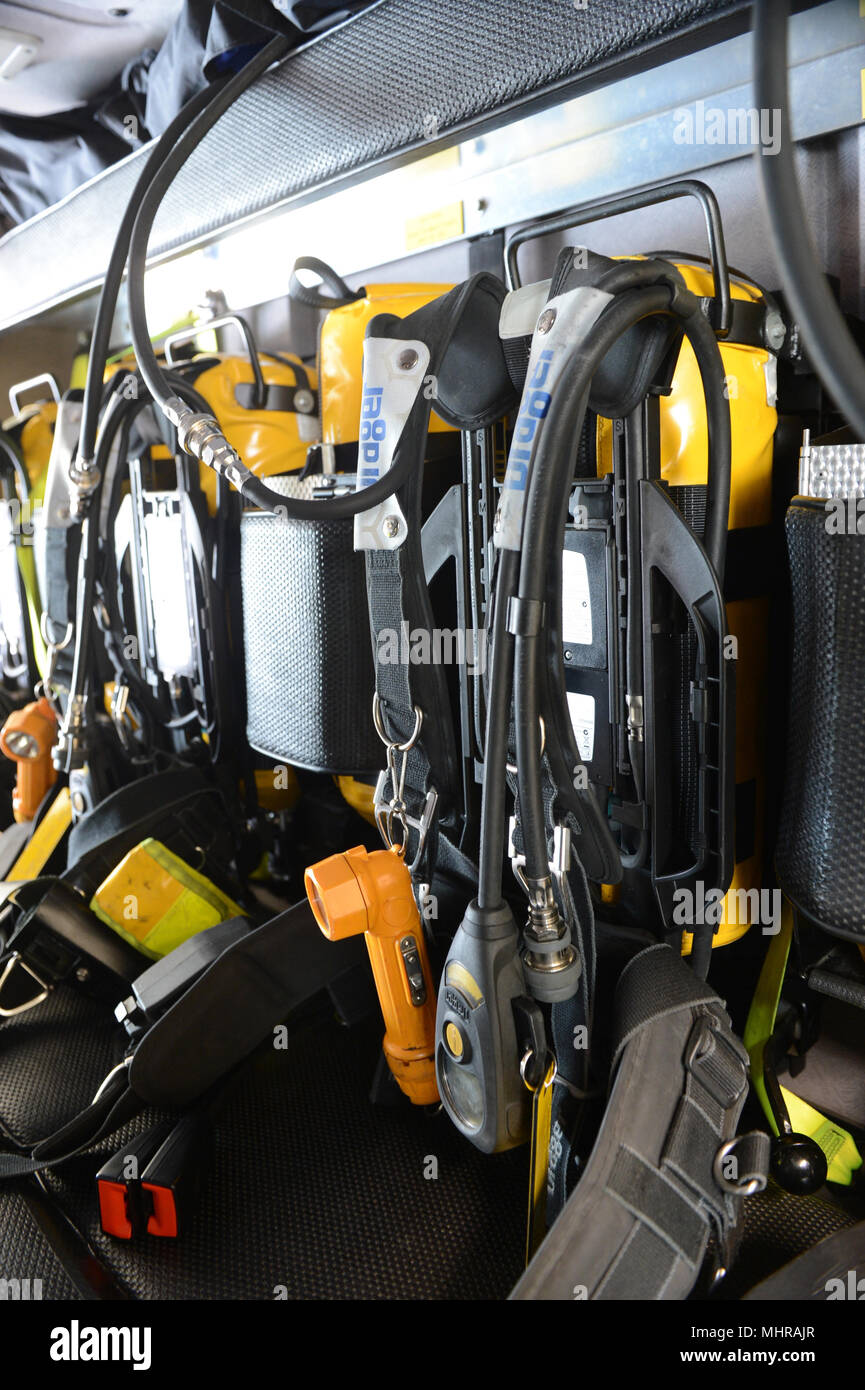 BA sets breathing apparatus in the back of a fire engine tender pump ...