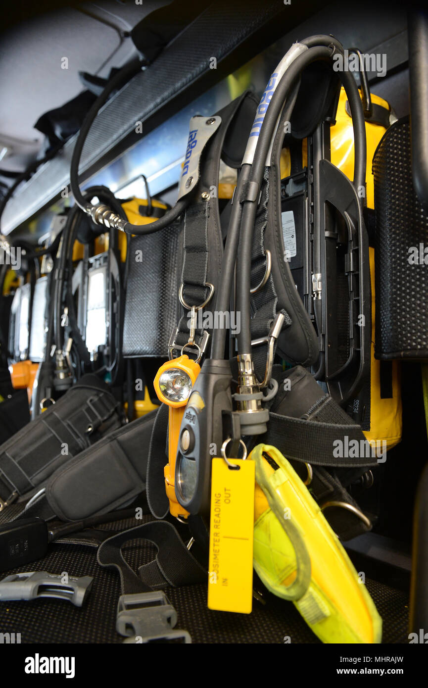 BA sets breathing apparatus in the back of a fire engine tender pump ...