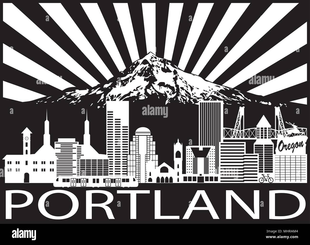 Portland Oregon Outline Silhouette with City Skyline with Mount Hood ...