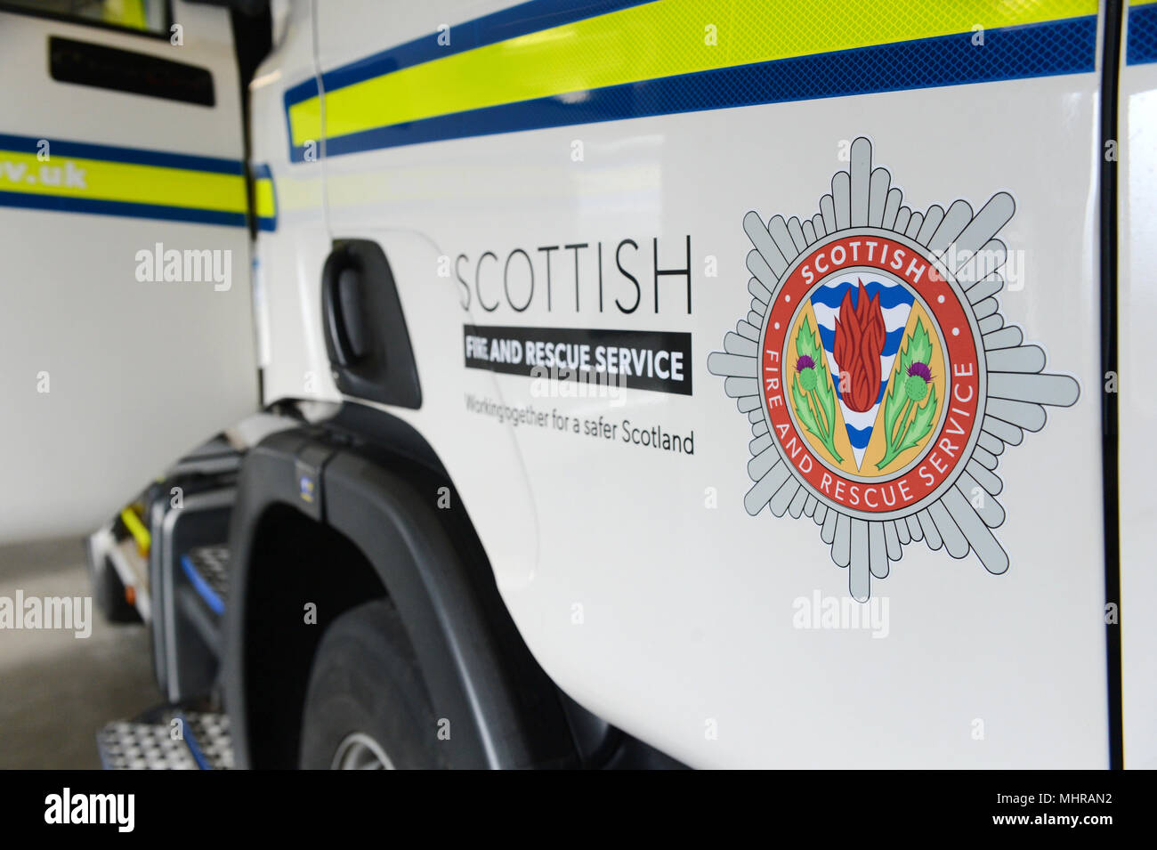 Scottish Fire and Rescue livery on a white fire engine Stock Photo - Alamy