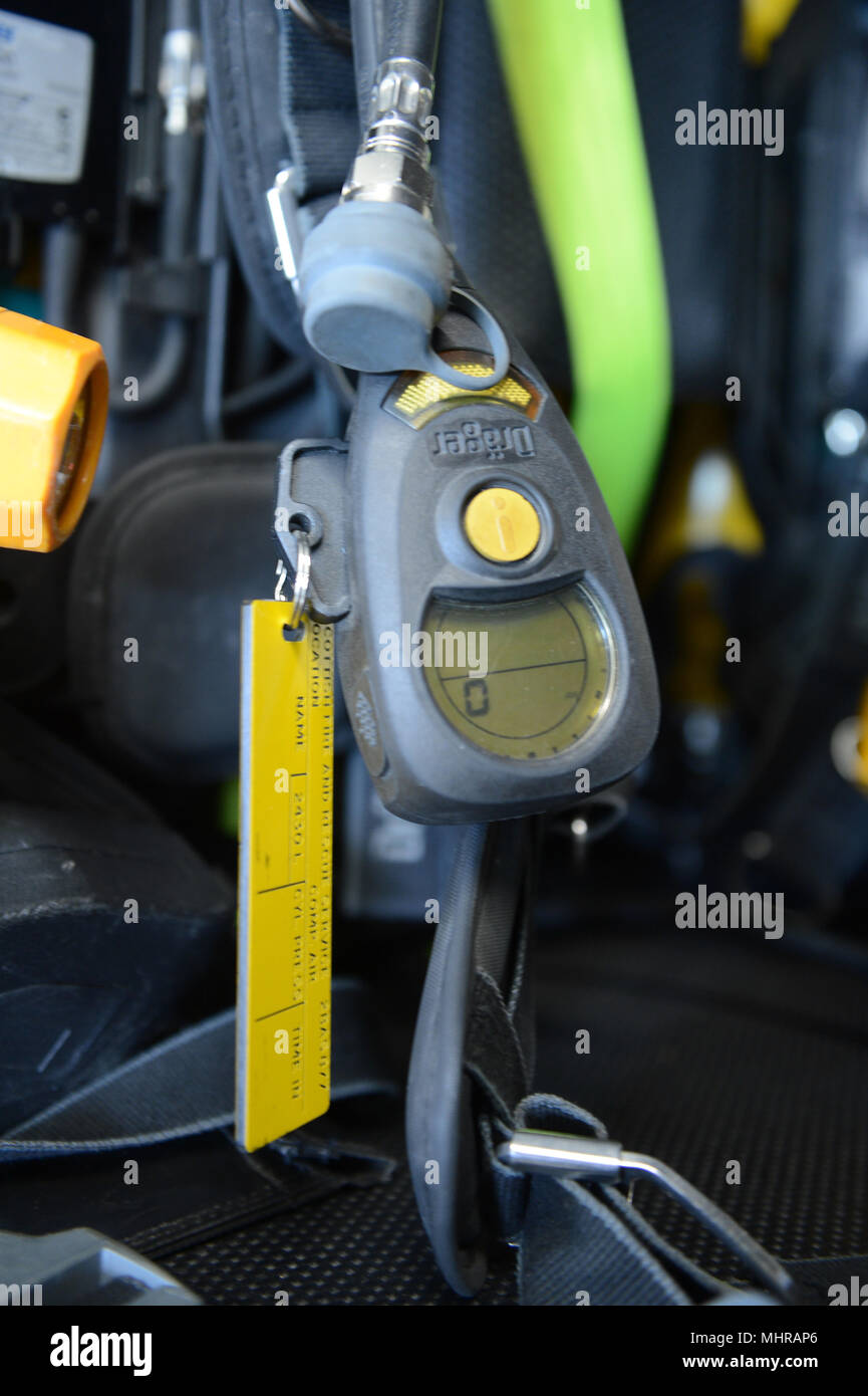 BA sets breathing apparatus in the back of a fire engine tender pump ...