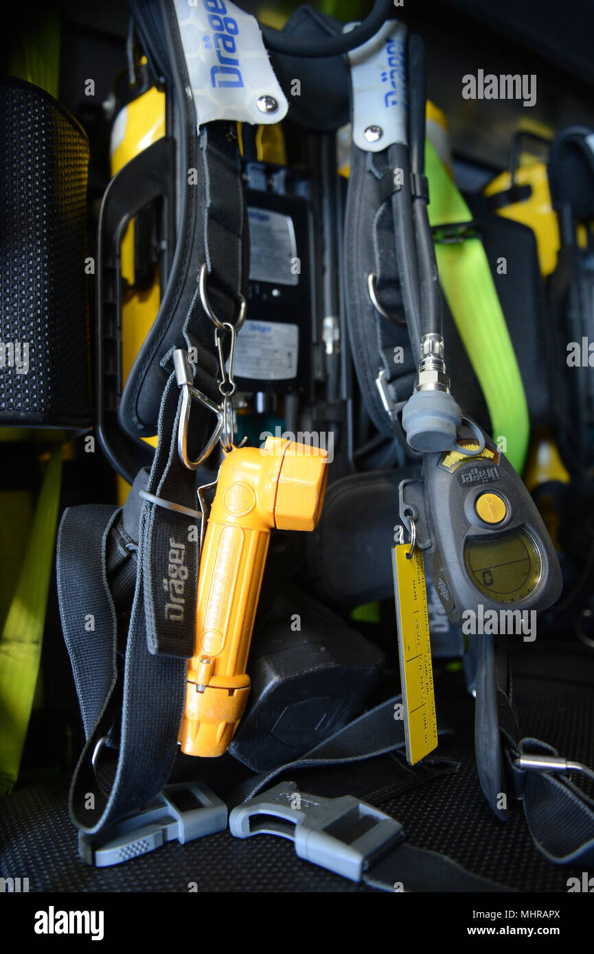BA sets breathing apparatus in the back of a fire engine tender pump ...
