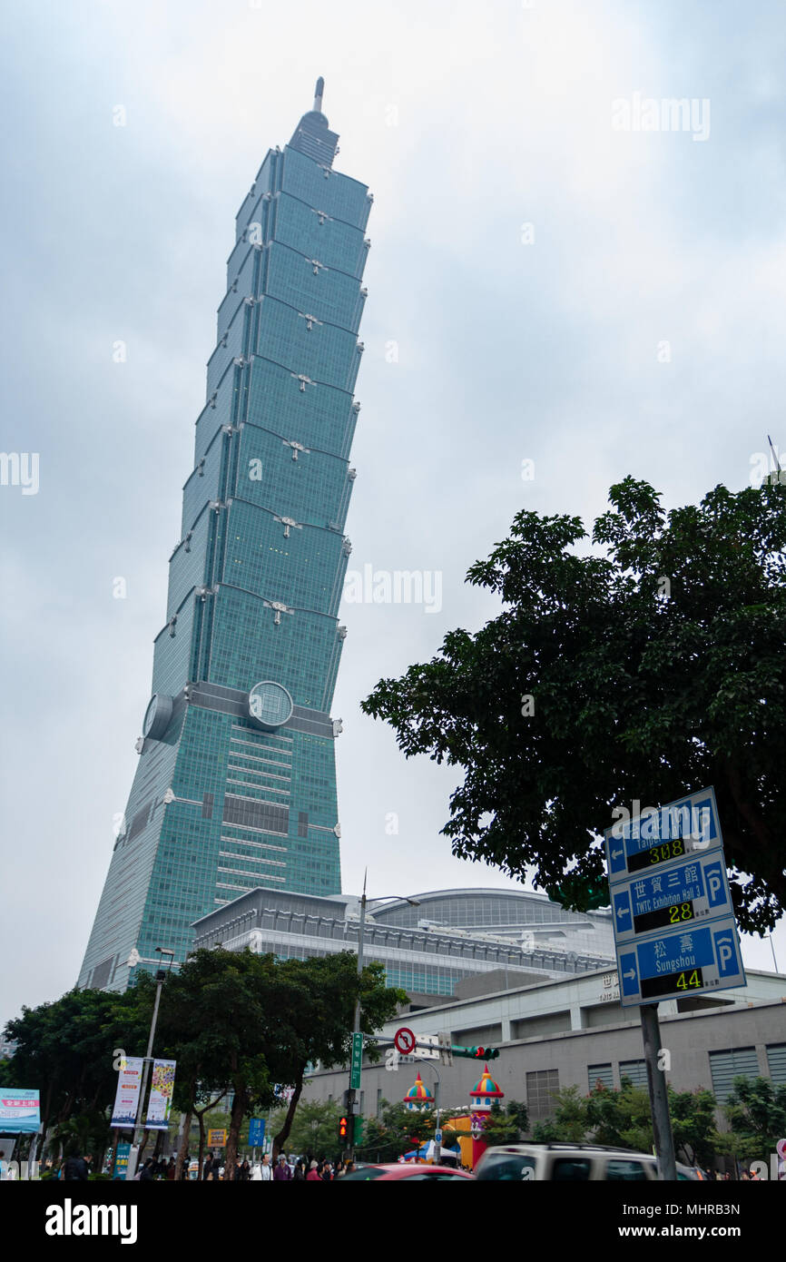 Taipei 101 tower, a landmark supertall skyscraper in Xinyi District, low angle view, looking up ...
