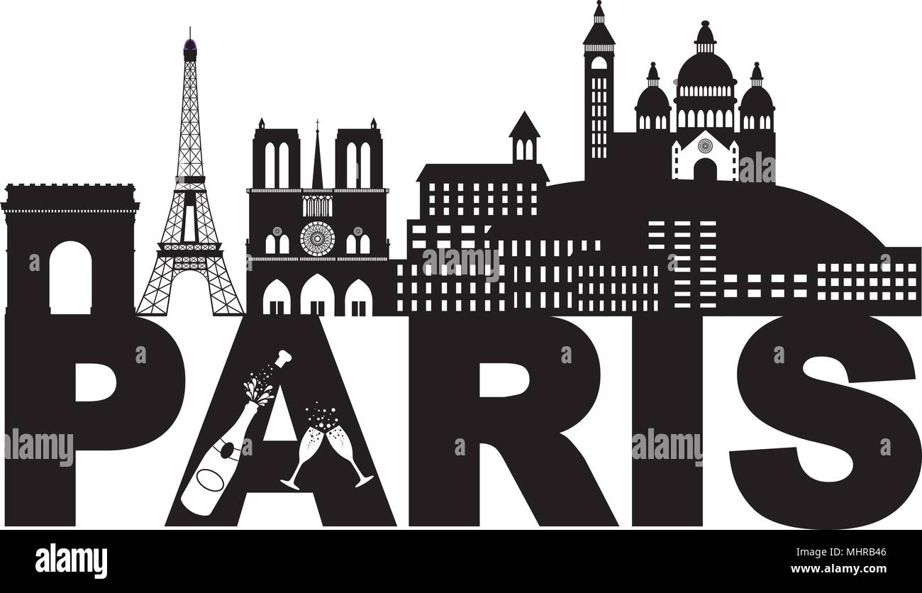 Paris France City Skyline Outline Silhouette with Champagne Bottle ...