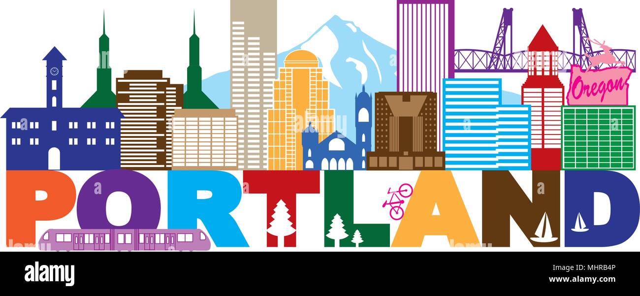 Portland Oregon Outline Silhouette with City Skyline Downtown Panorama ...