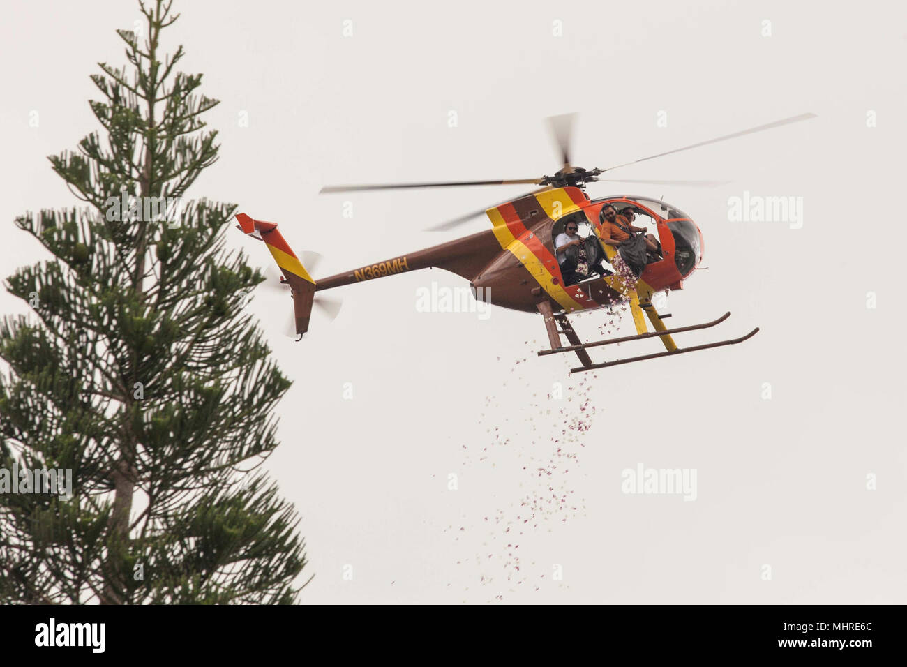 A helicopter drops flower petals onto the ground to celebrate a ...