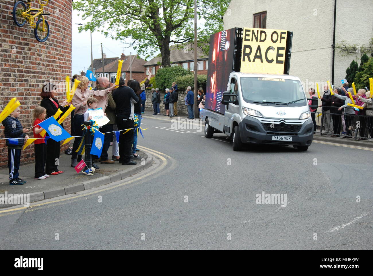 Doncaster, UK, 3rd May, 2018. The van signalling the end of the race in ...