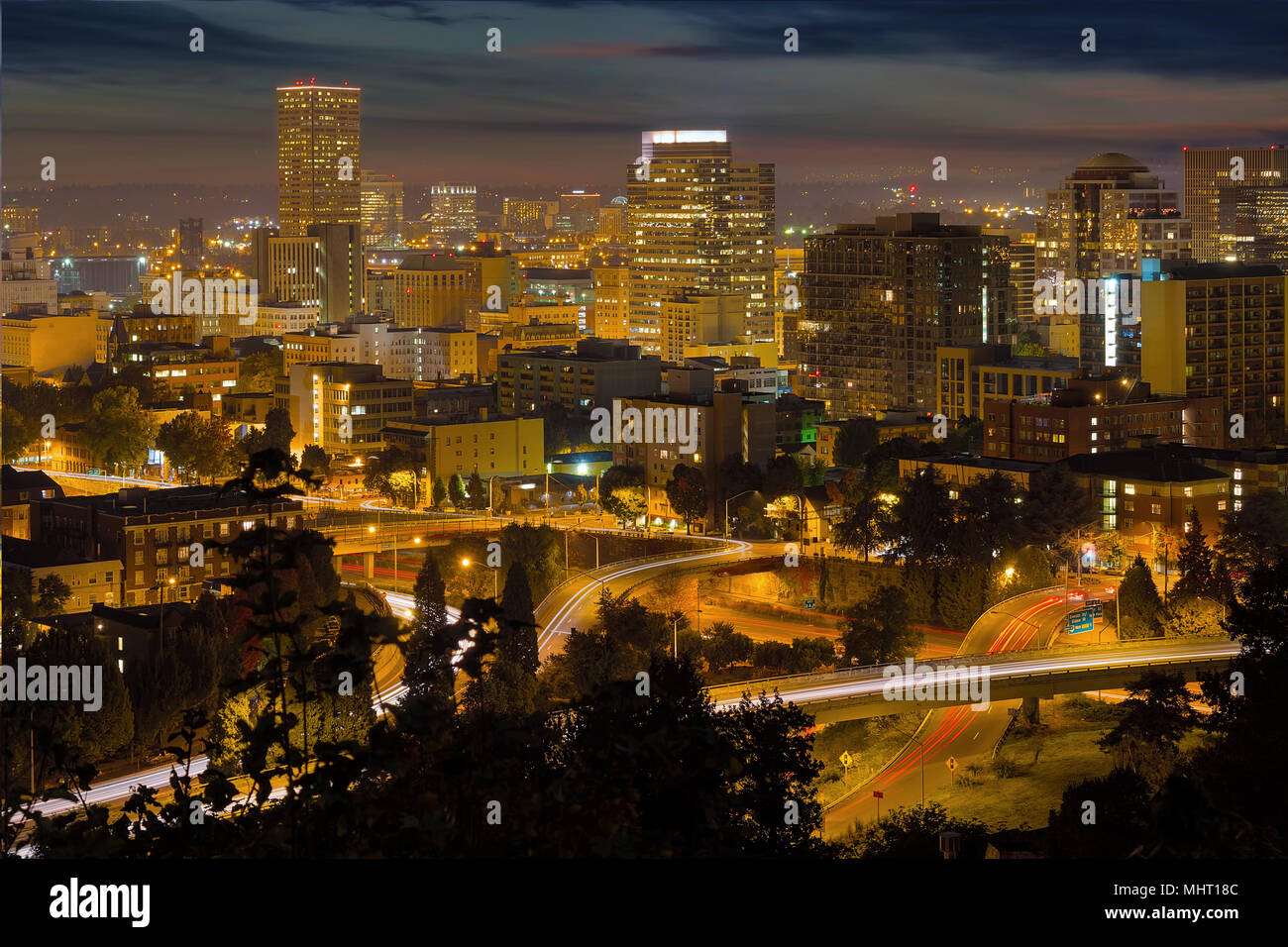 Portland Oregon downtown cityscape and freeway with light trails at ...