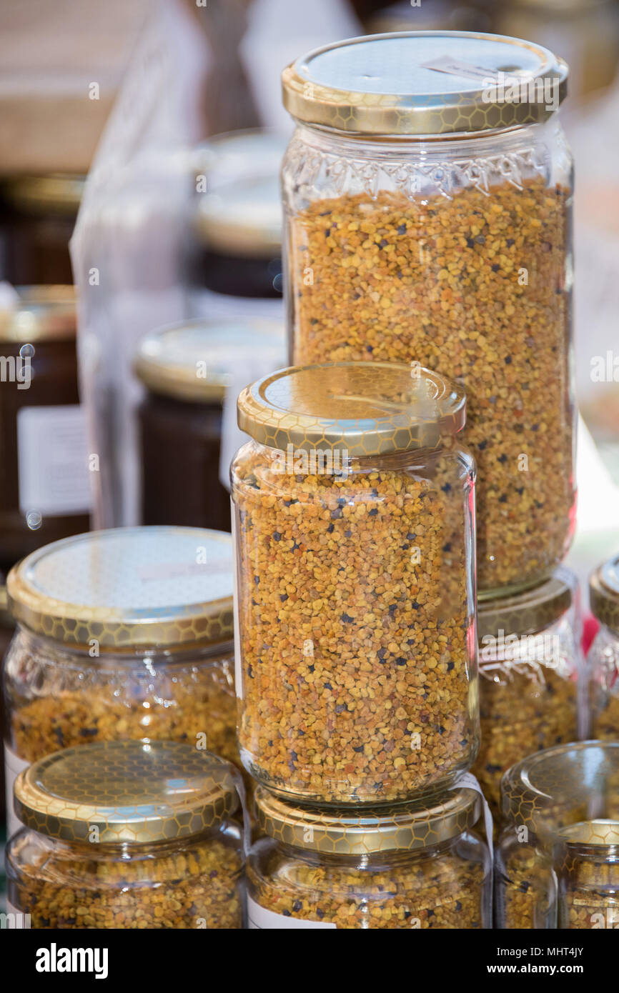 pollen glass jar at the market for sale Stock Photo - Alamy