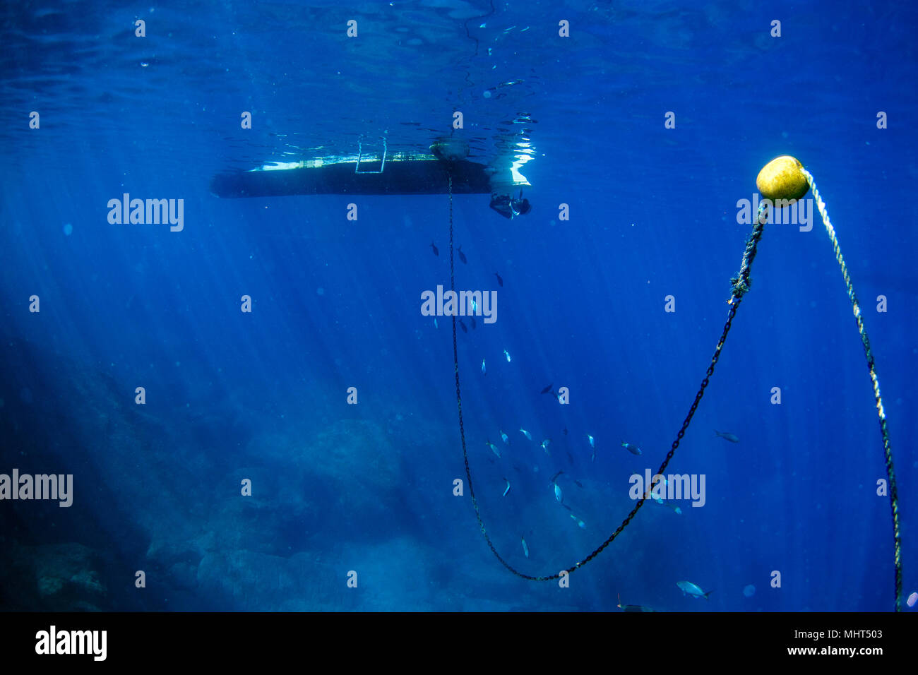 boat chain and yellow buoy anchor from underwater Stock Photo - Alamy