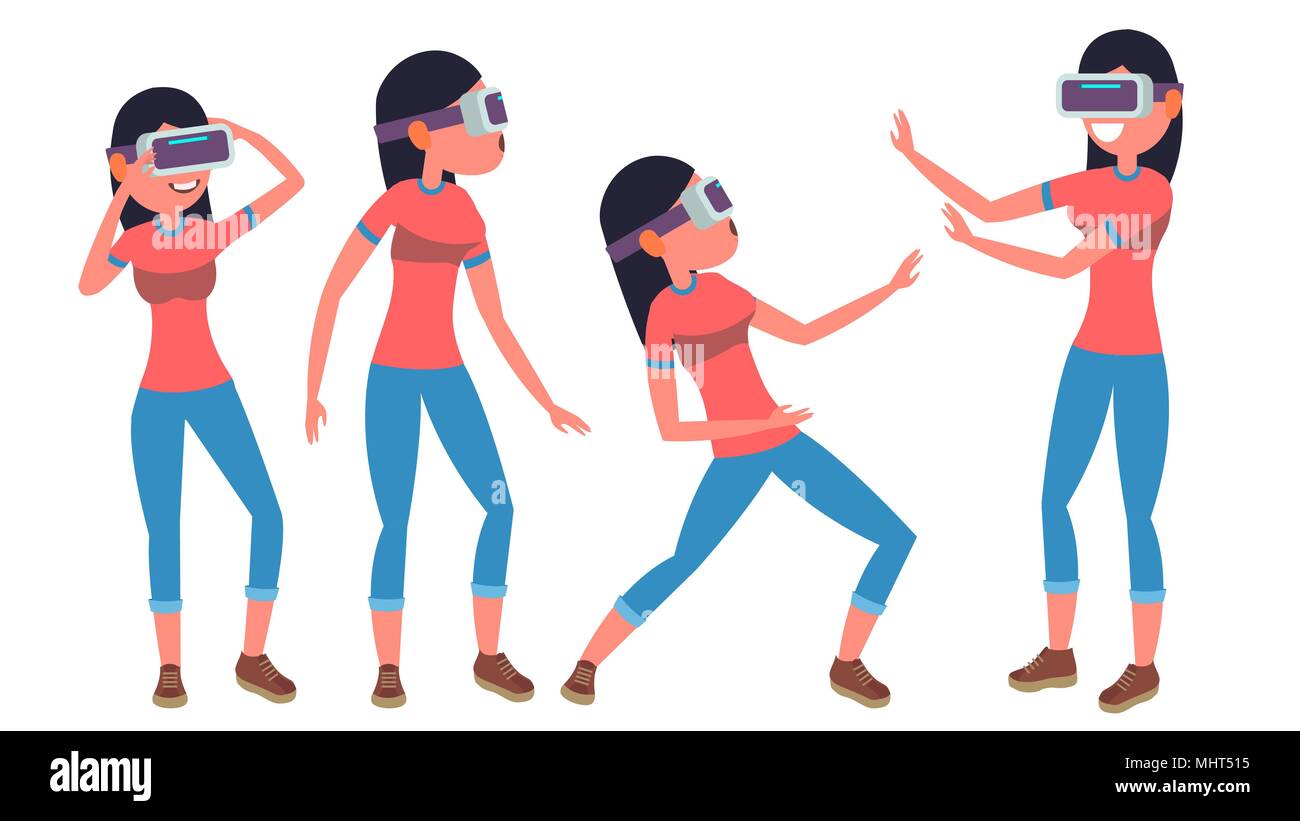 Woman In Virtual Reality Glasses Vector. Poses. 360 Game. Flat ...