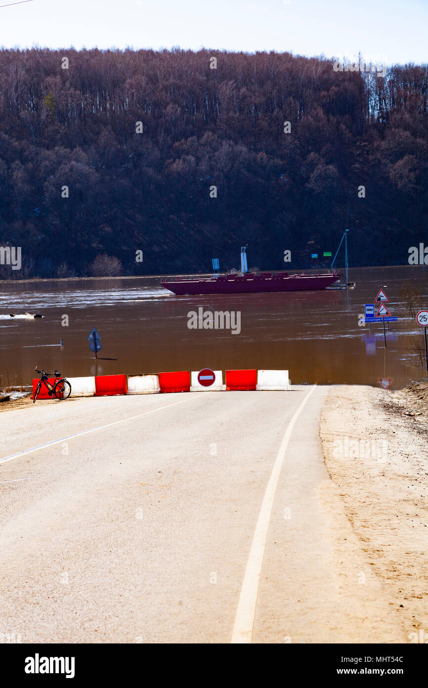 Flood on the river Oka, Russia. Beautiful spring landscape with a ...