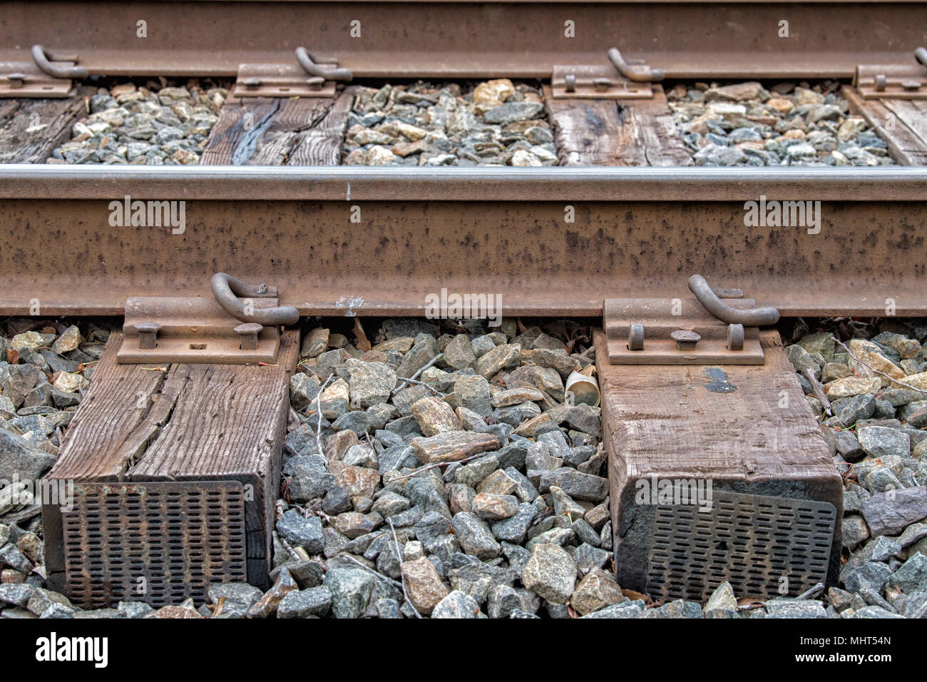 Railroad train tracks detail close up Stock Photo - Alamy