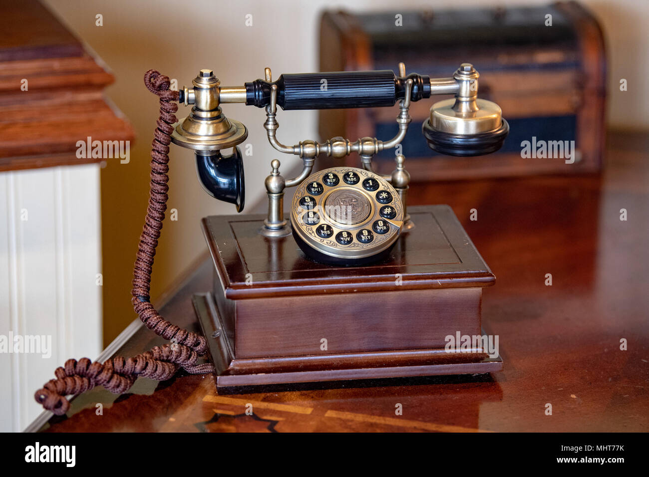 old antique wood telephone close up Stock Photo - Alamy