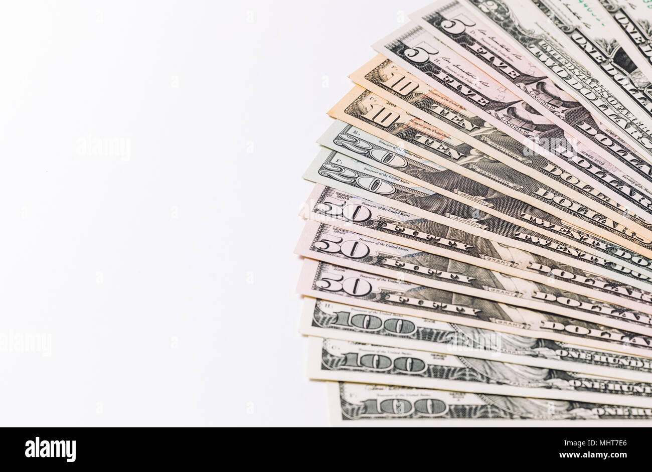 Photo of different banknotes US dollars, combined together. Isolated on ...