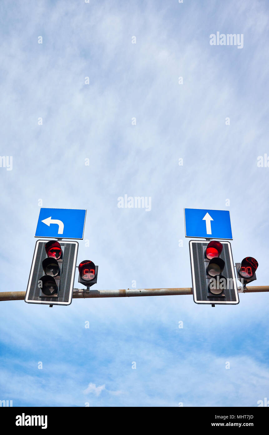 Traffic lights with countdown timers, red color displayed against the ...
