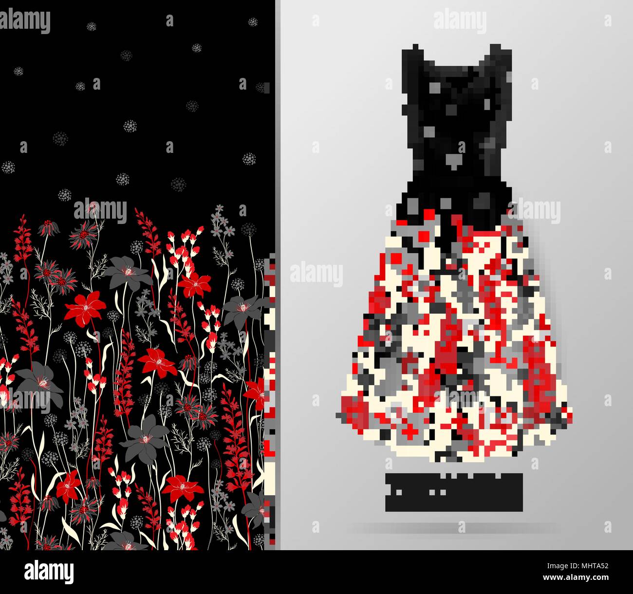 Hand drawn Floral pattern on dress mockup. Seamless vector texture ...