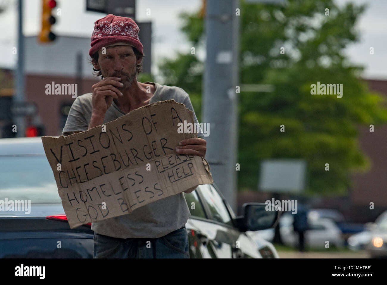 BALTIMORE, USA - MAY 1 2017 - homeless asking money for food with ...