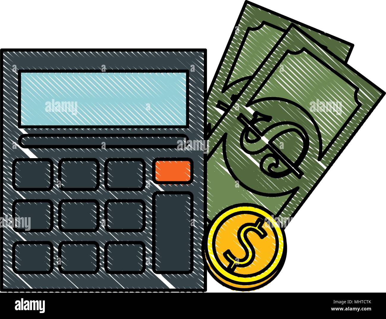 calculator with bills and coins vector illustration design Stock Vector ...