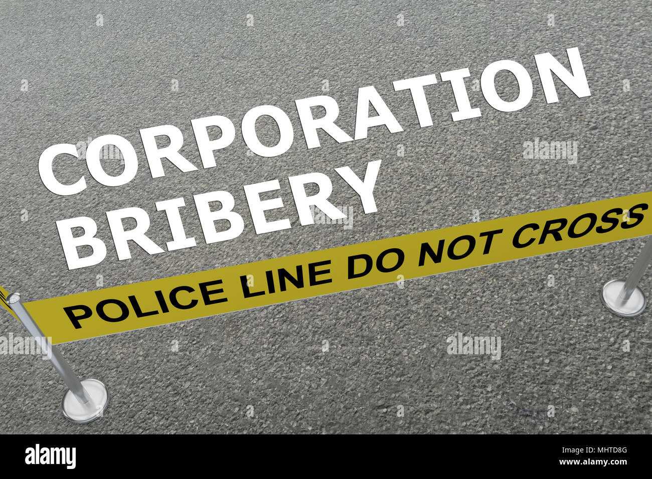 3D illustration of CORPORATION BRIBERY title on the ground in a police ...
