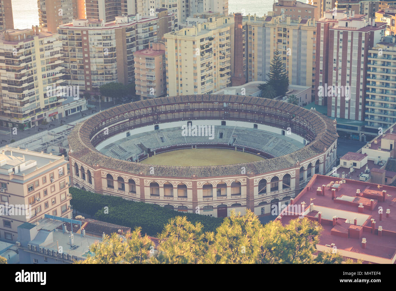 Aerial view at Malaga with Bullring of La Malagueta. Cityscape of ...