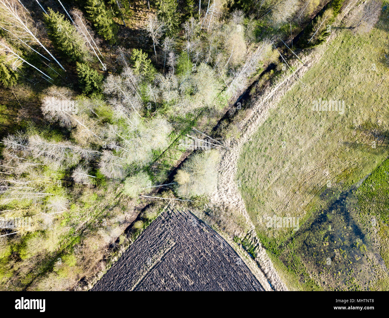 drone image. aerial view of rural area with freshly cultivated ...