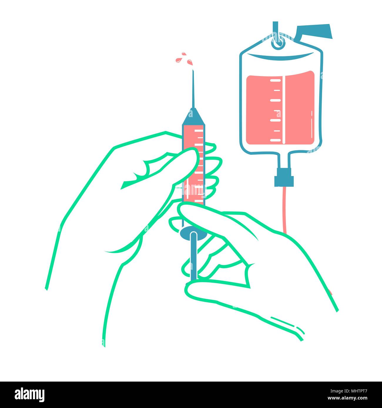 hands of a nurse in medical gloves press syringe ready to inject shot ...
