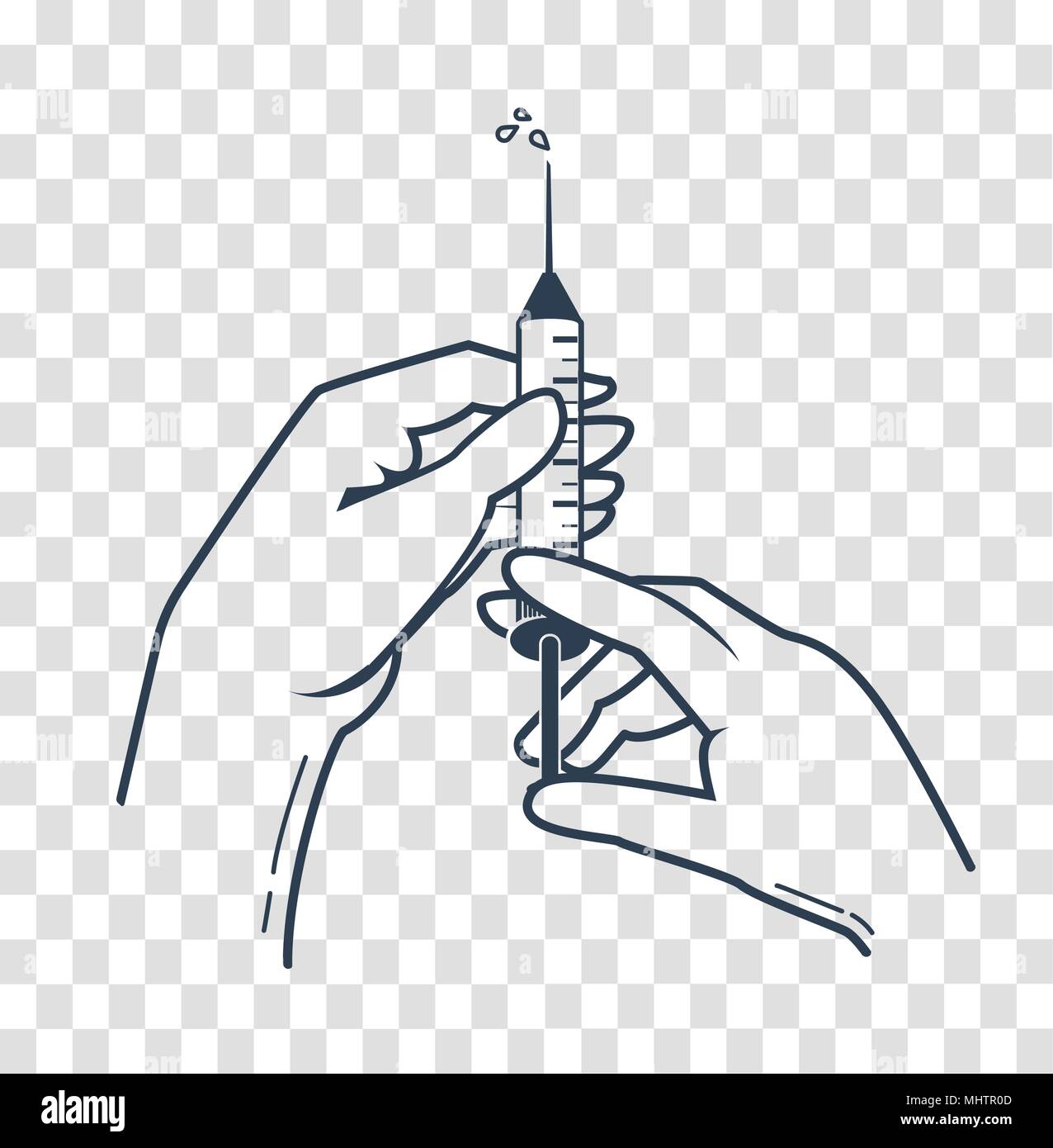 hands of a nurse in medical gloves press syringe ready to inject shot ...