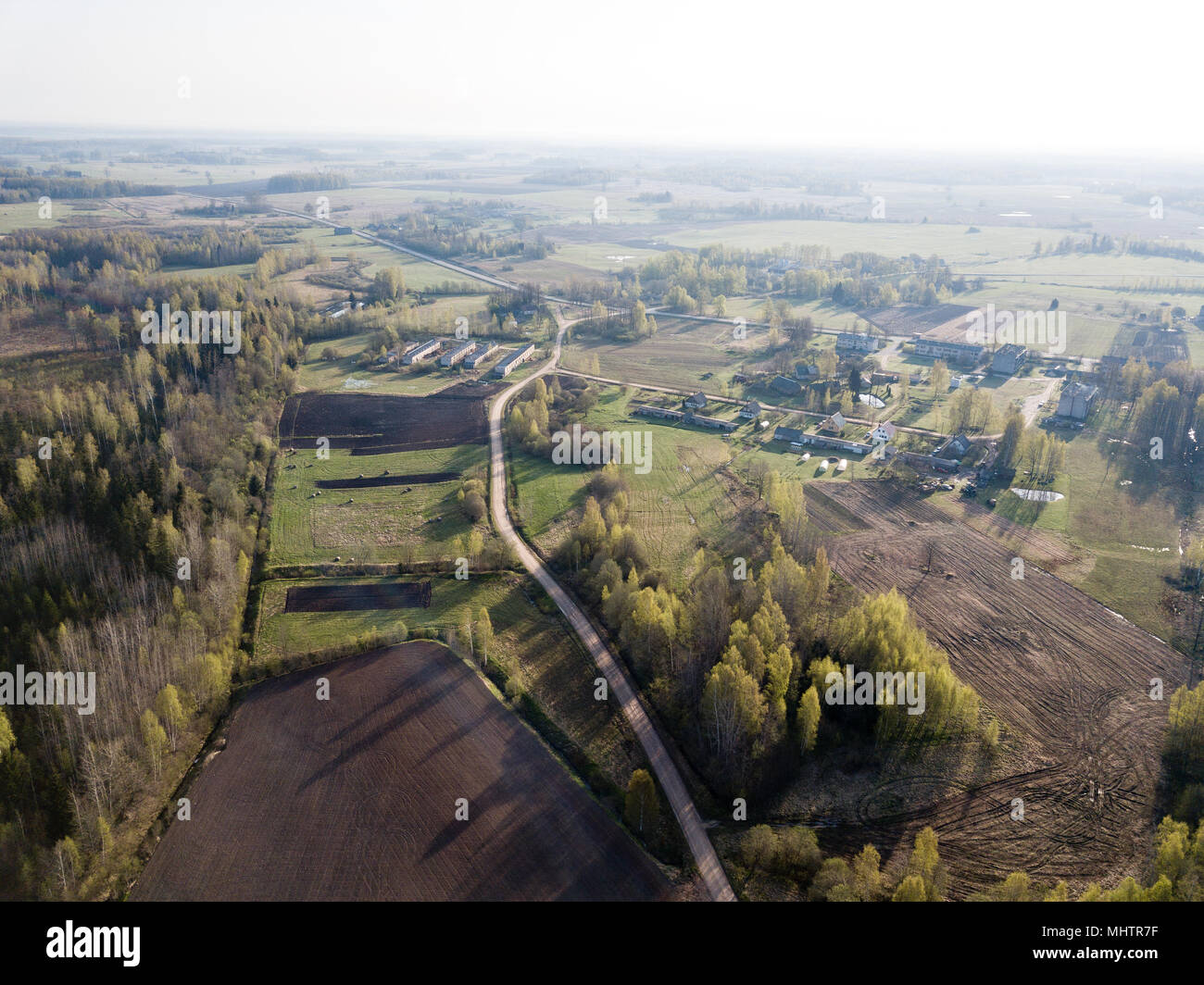 drone image. aerial view of rural area with freshly cultivated ...