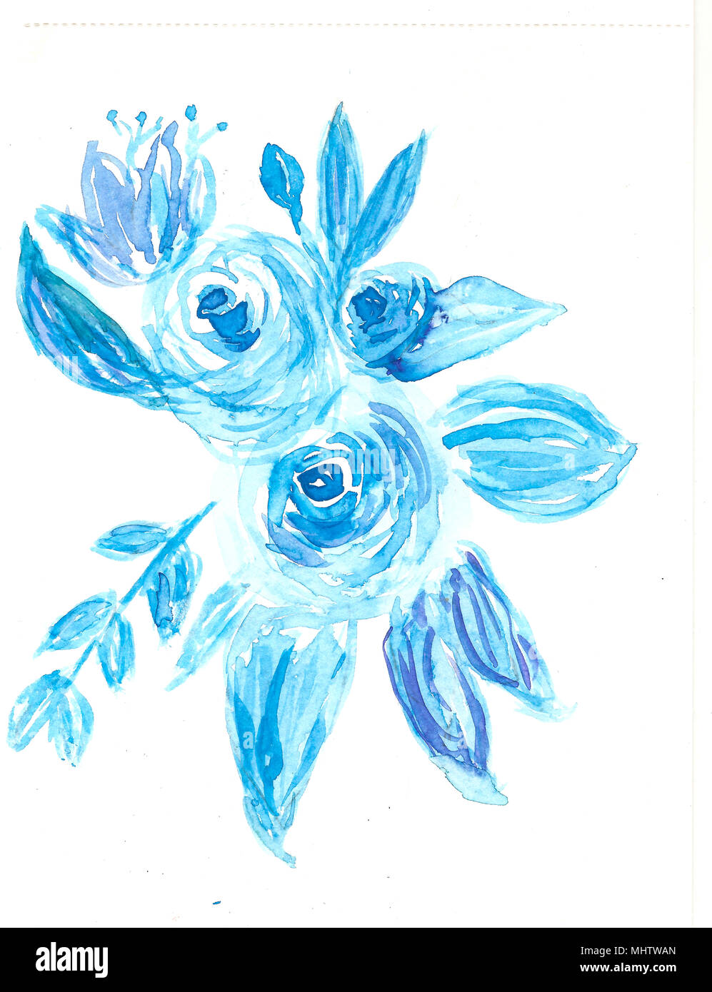 hand drawn watercolor blue flowers and leaves Stock Photo - Alamy