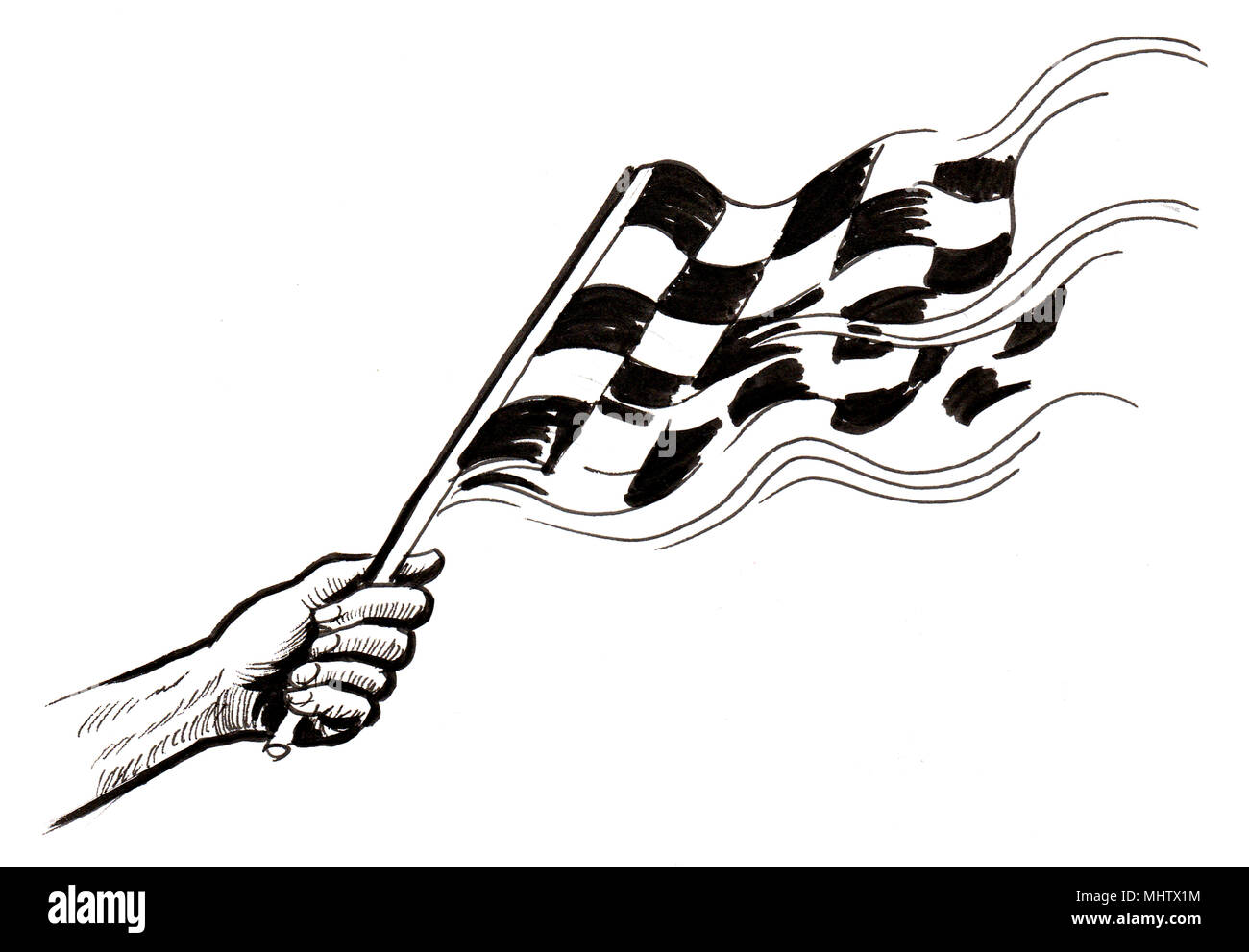 Checked racing flag. Ink black and white illustration Stock Photo - Alamy