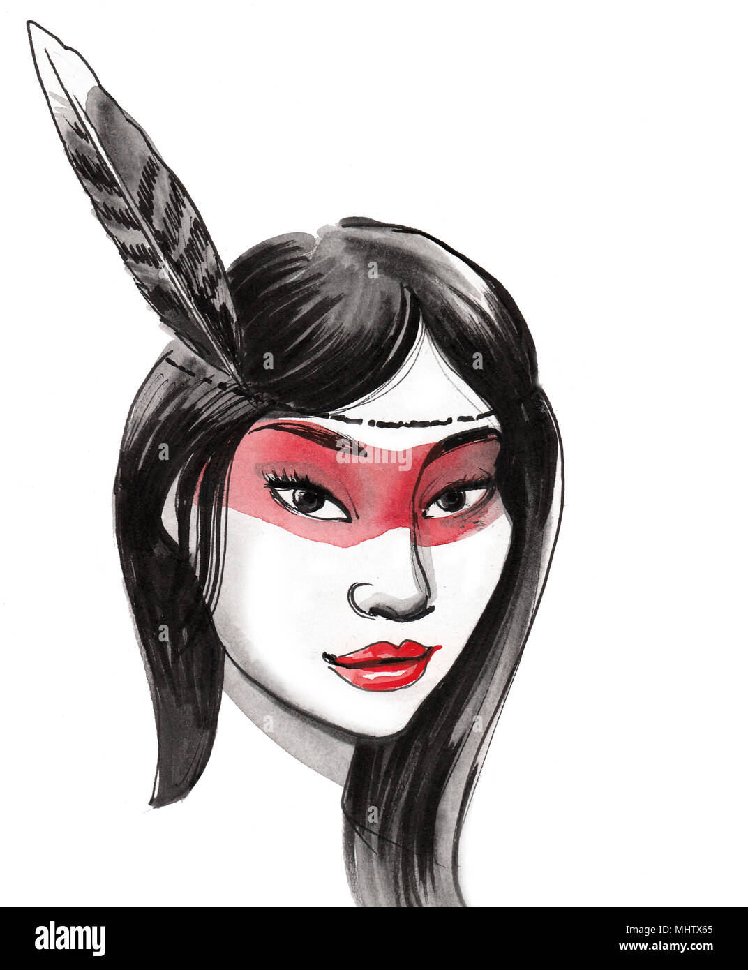 Native American beauty. Ink and watercolor illustration Stock Photo - Alamy
