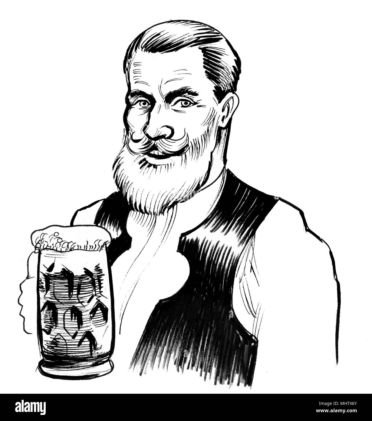 German man with a beer mug. Ink black and white illustration Stock ...